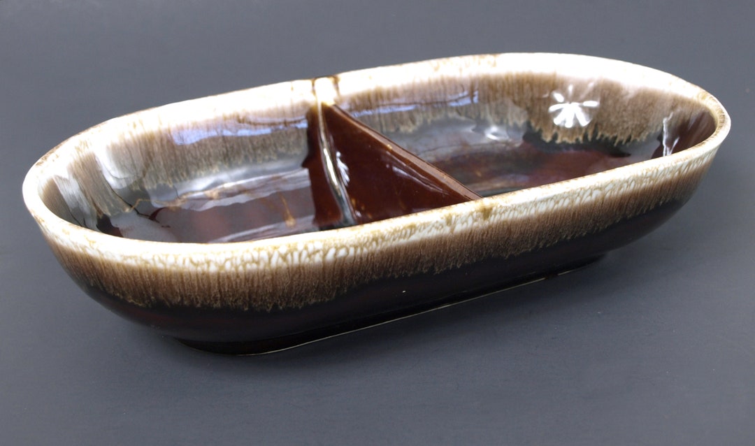 Vintage MCP Mccoy Pottery Oval Divided Serving Dish With Brown Drip ...