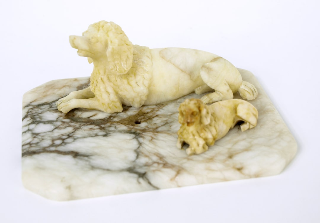 Vintage Hand Carved Marble Poodle Dogs on Marble Base - Possibly Pen ...