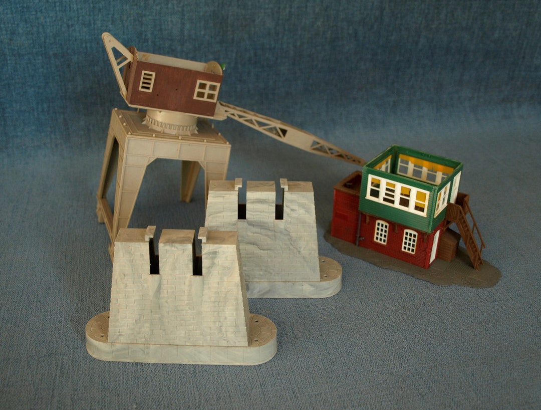 Vintage Plastic Train Set Miniature Bridge Pylons, Crane and Factory ...