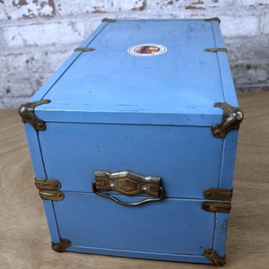 Vintage Blue Metal Doll Steamer Trunk or Case W/ Travel Decals, Circa ...
