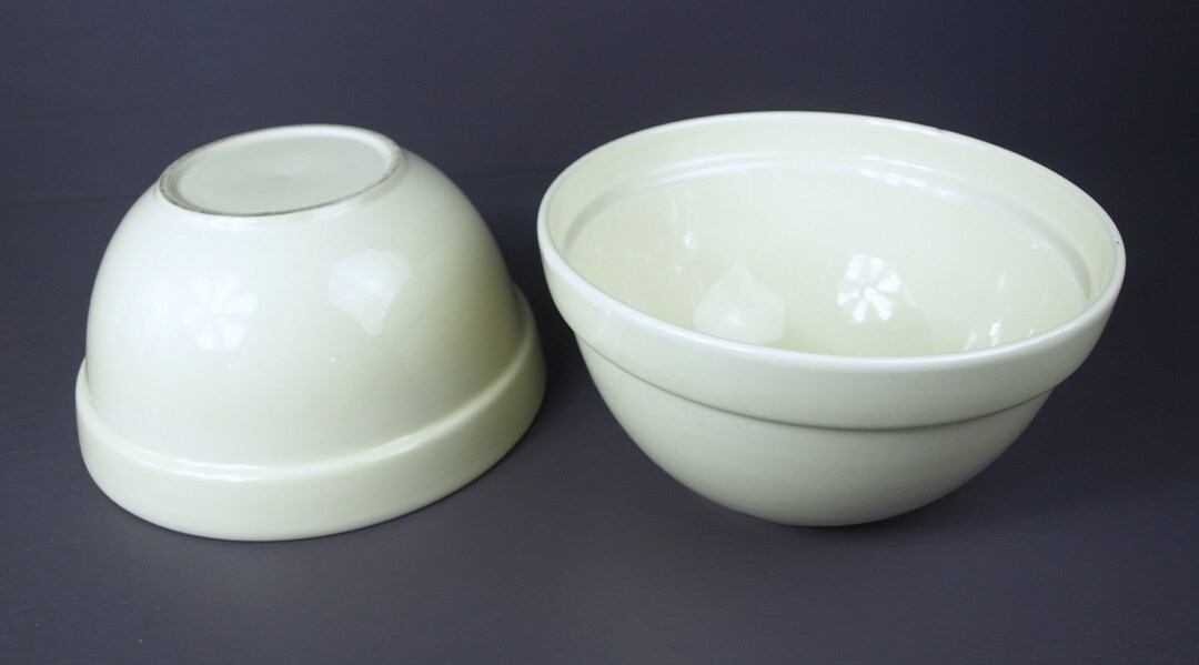 Vintage Large Stoneware Bowls 10" - Unmarked Cream White Ceramic Mixing ...