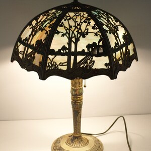 Antique Art Nouveau Miller Table Lamp W/ Bucolic Country Cottage Scene ...