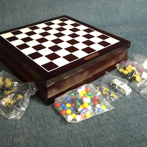 Multi Board Game Set in Wood Case W Slid Lid - Chess, Checkers, Chinese ...