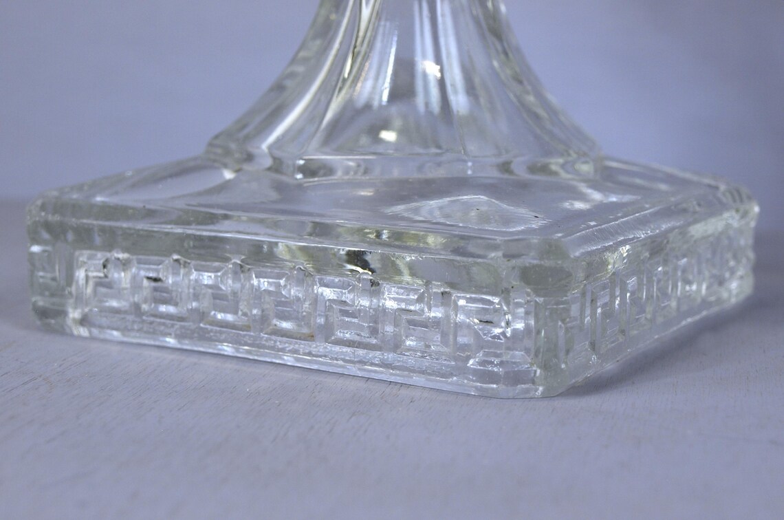 Vintage Clear Glass Oil Lamp, Eight Panel W/ Greek Key Top & Base Brass ...