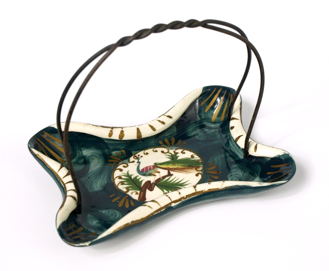 Vintage Hand Painted Ceramic Peacock Candy Dish With Wire Handle ...
