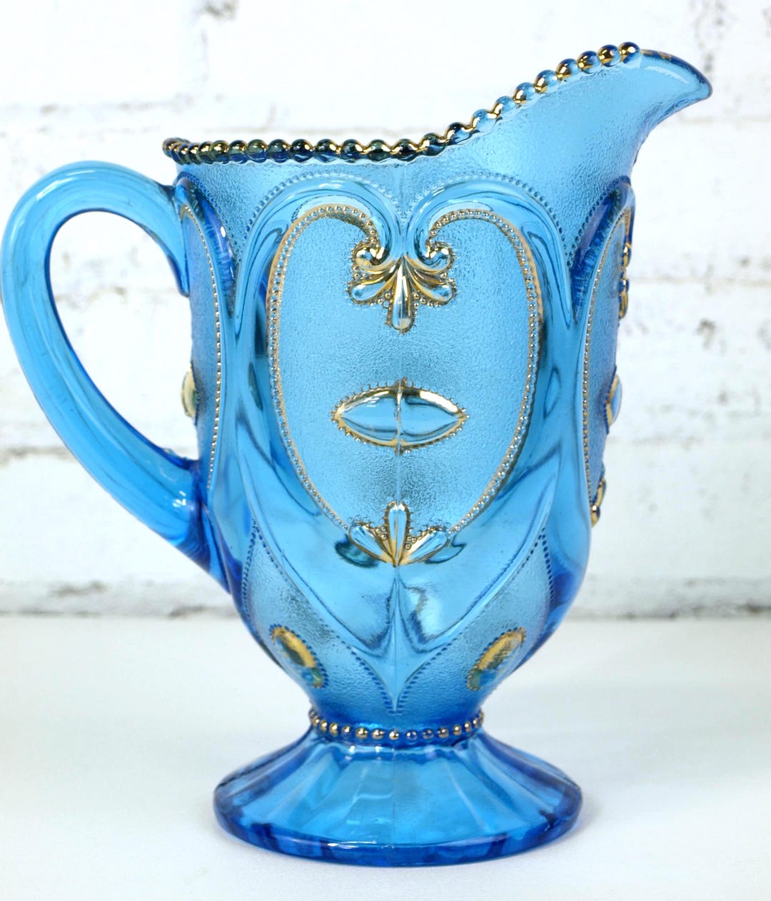 Antique Dugan Glass Pitcher in Jeweled Heart Blue, Circa 1904 - Blue ...