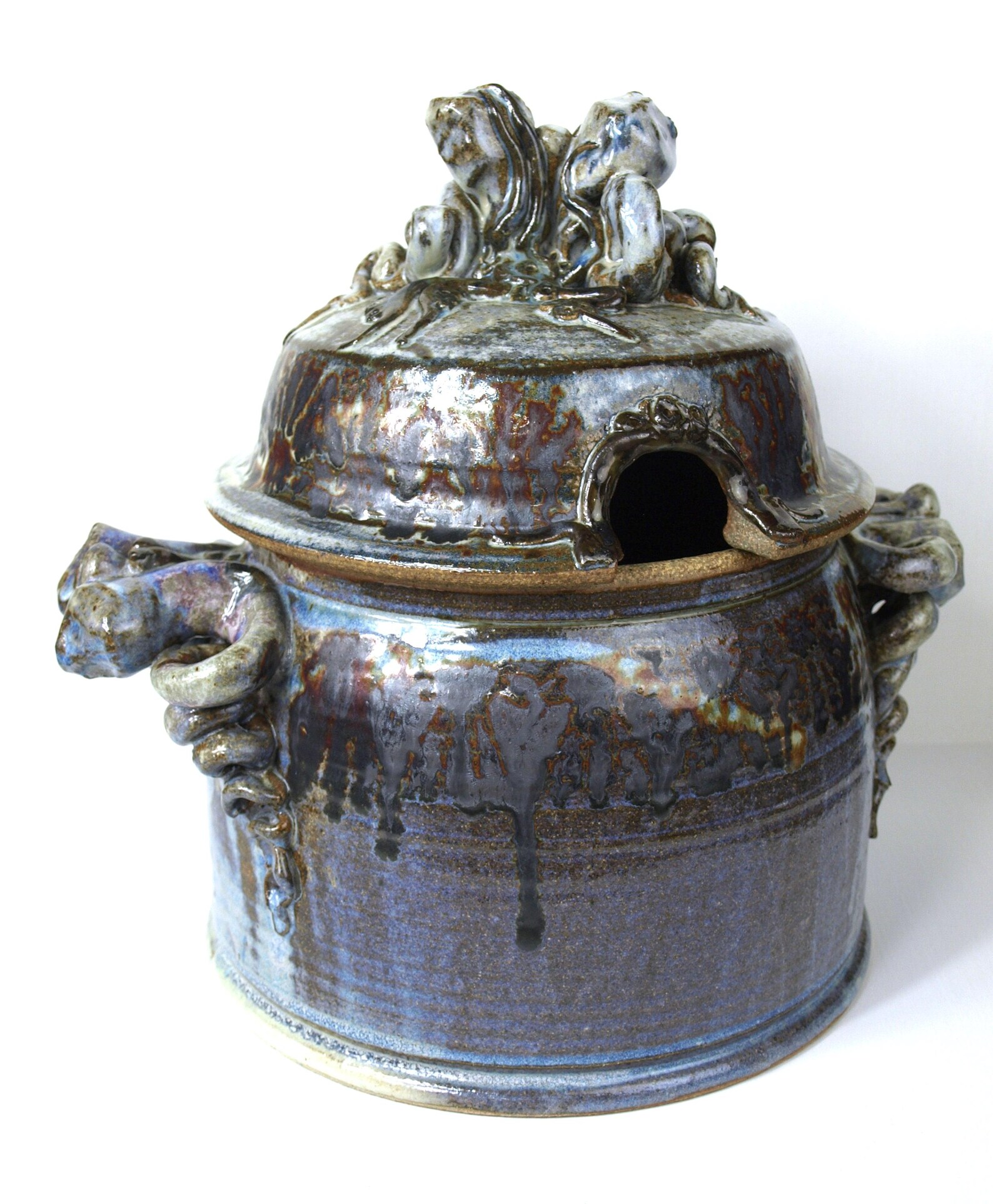 Large Handmade Art Pottery Chowder Pot W/ Lid, Octopus Themed - Signed ...