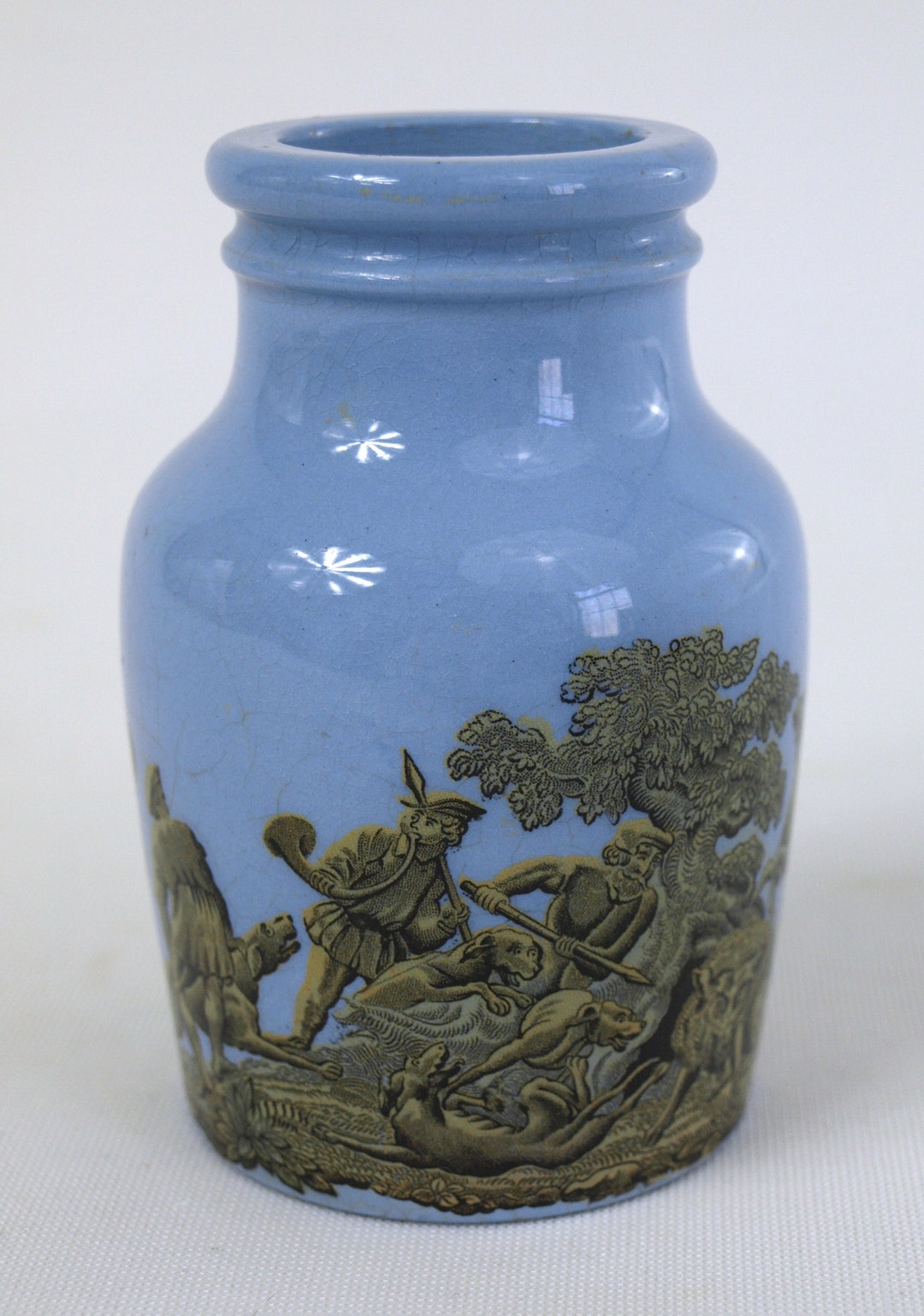 Antique Prattware Blue Boar Hunt Scene Meat Past / Mustard Pottery Jar ...
