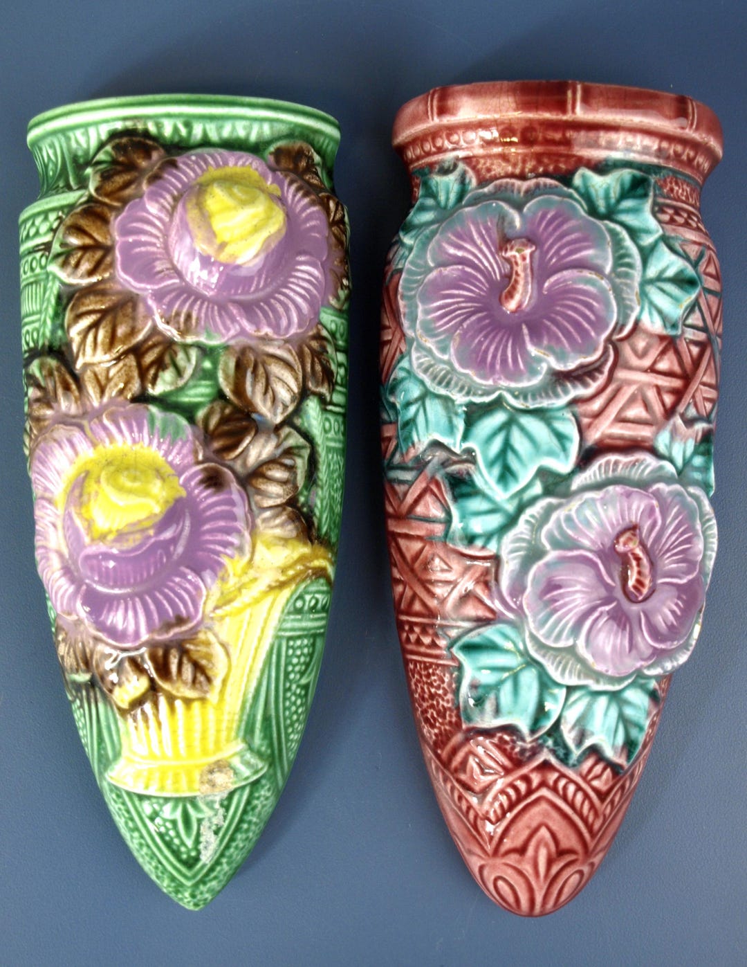 Rare Vintage Majolica Wall Pocket Vases W Floral Design Set of 2 Wall ...