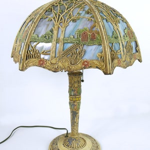 Antique Art Nouveau Miller Table Lamp W/ Bucolic Country Cottage Scene ...