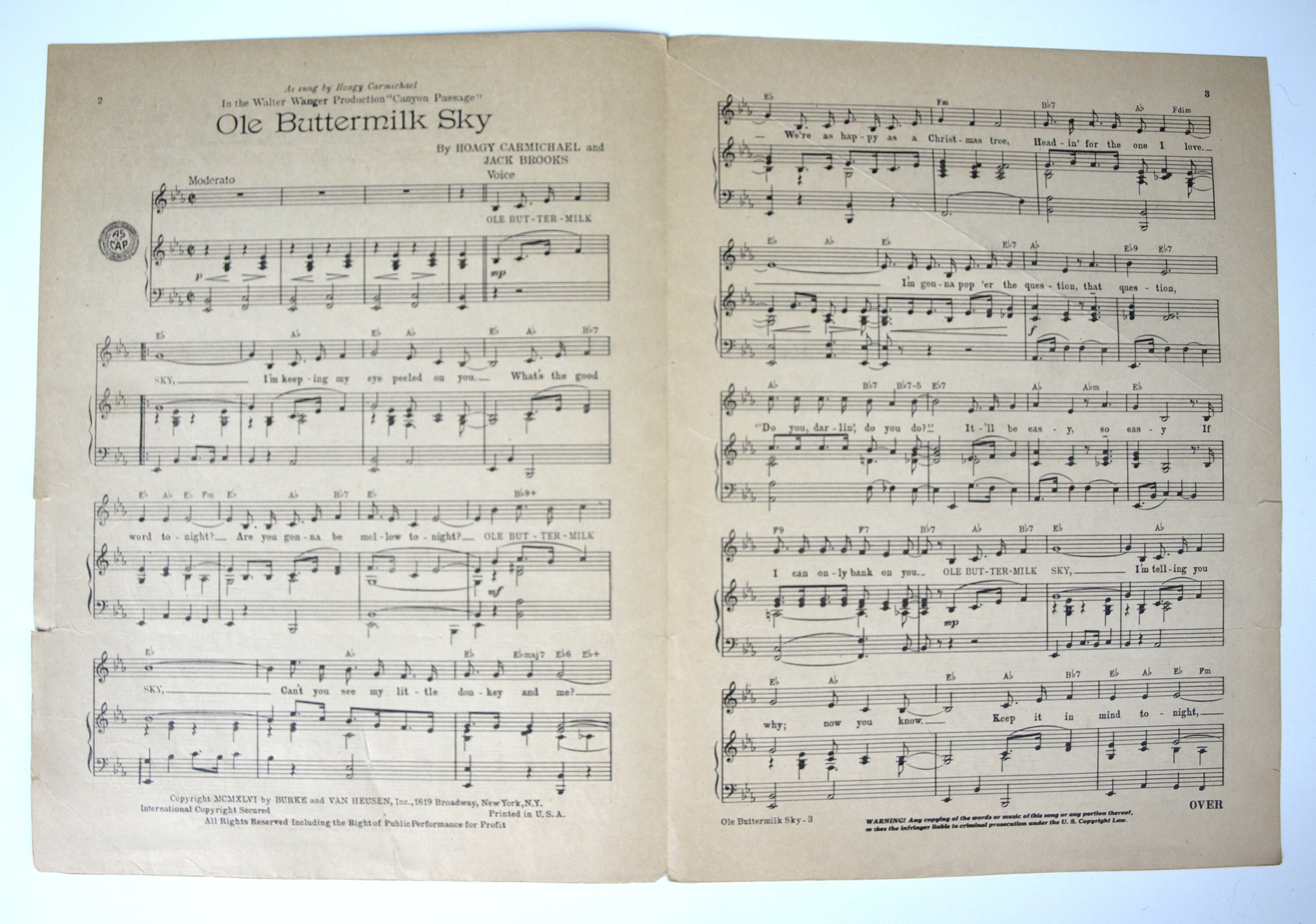 Ole Buttermilk Sky 1946 Sheet Music for Canyon Passage Film - Music ...
