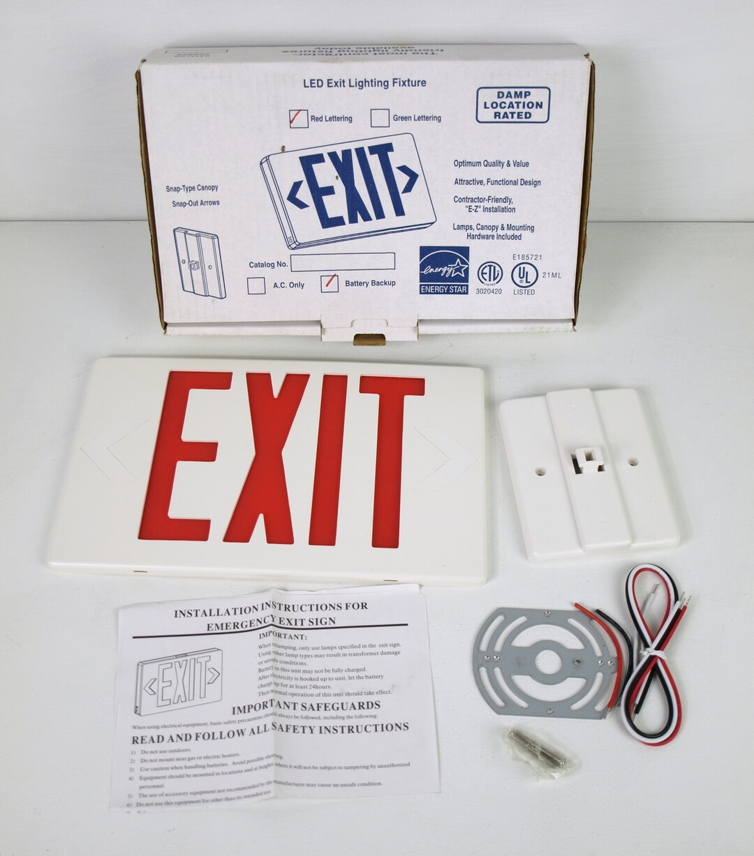 Vintage LED Exit Lighting Fixture, Hardwired W/ Red Lettering & Battery ...