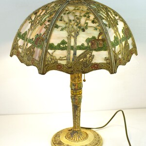 Antique Art Nouveau Miller Table Lamp W/ Bucolic Country Cottage Scene ...
