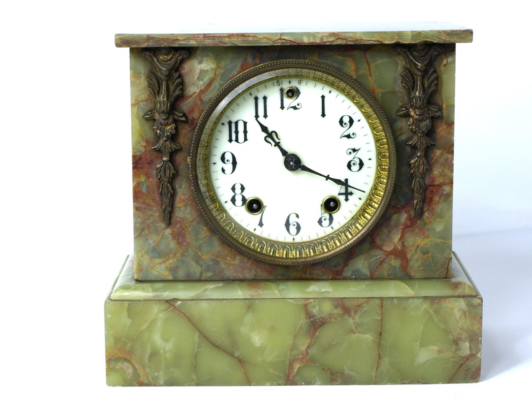 Antique William Gilbert Mantel Clock, Green Onyx & Bronze W/ Key and ...