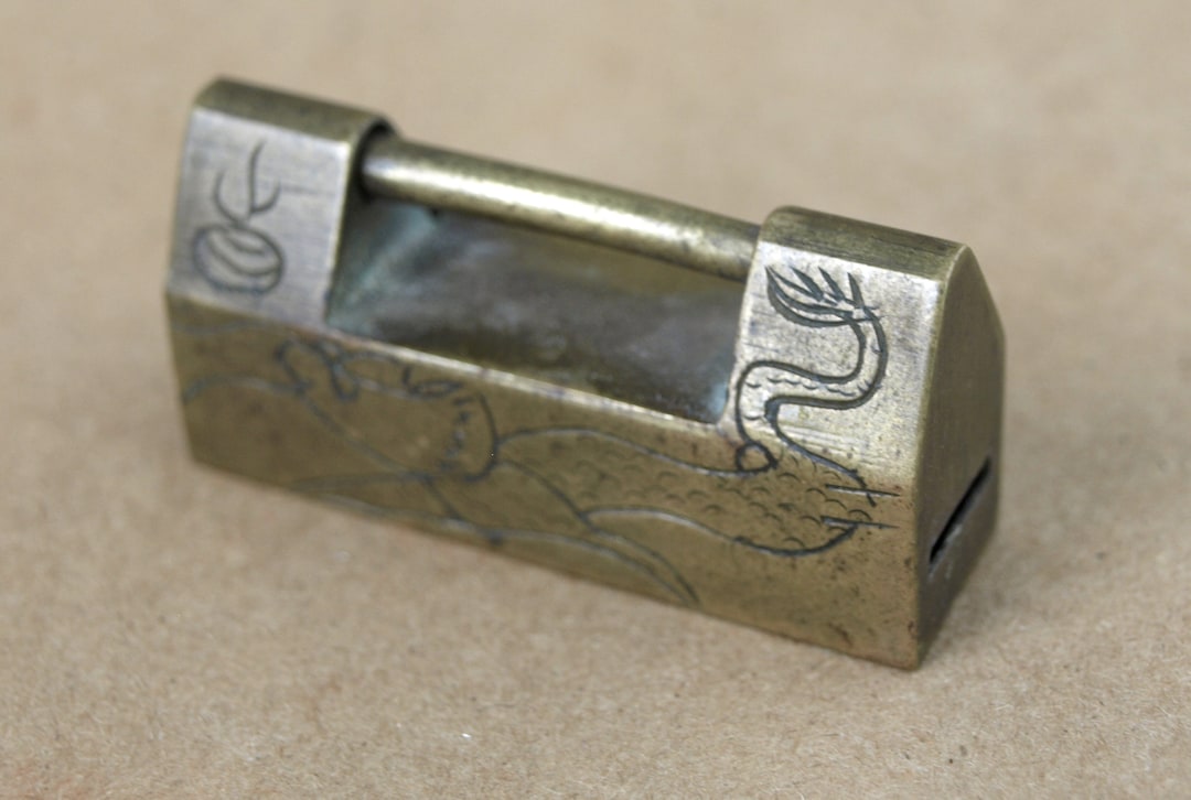 Vintage Engraved Chinese Brass Padlock, No Key - 1 7/8" Wide, 7/8" High ...