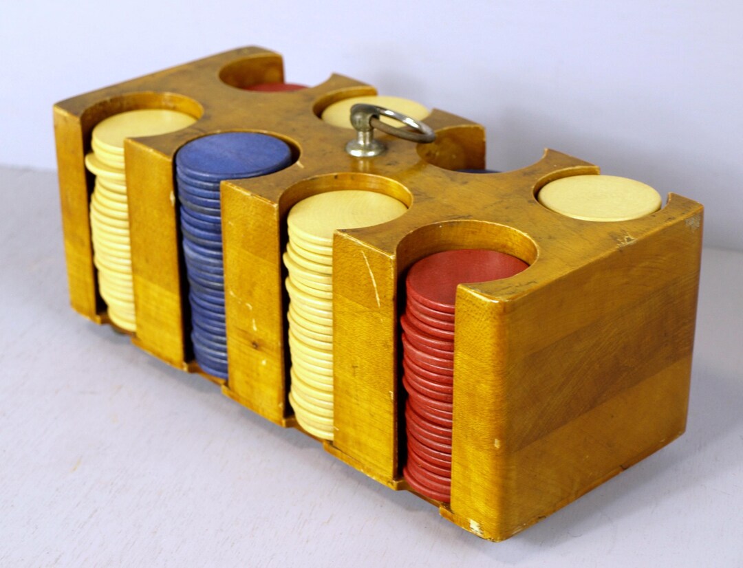 Vintage Wooden Poker Chips in Solid Wood Storage Caddy - Etsy