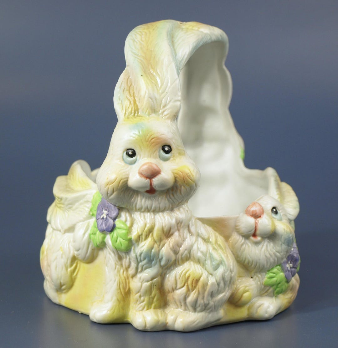 Vintage Porcelain Ceramic Embossed Figural Easter Bunny Rabbit Basket ...