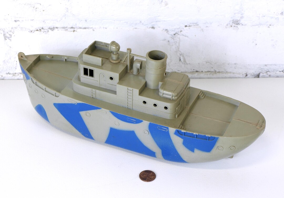 Vintage Plastic Blue & Gray Ship Tug Boat Military Ship Pull / Push Toy ...