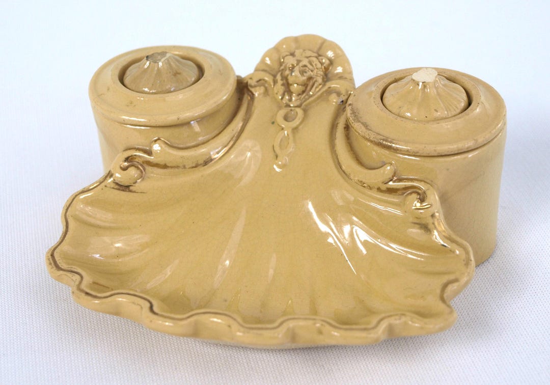 Antique Ceramic Desktop Inkwell W/ Quill Stand - Includes Ink Container ...