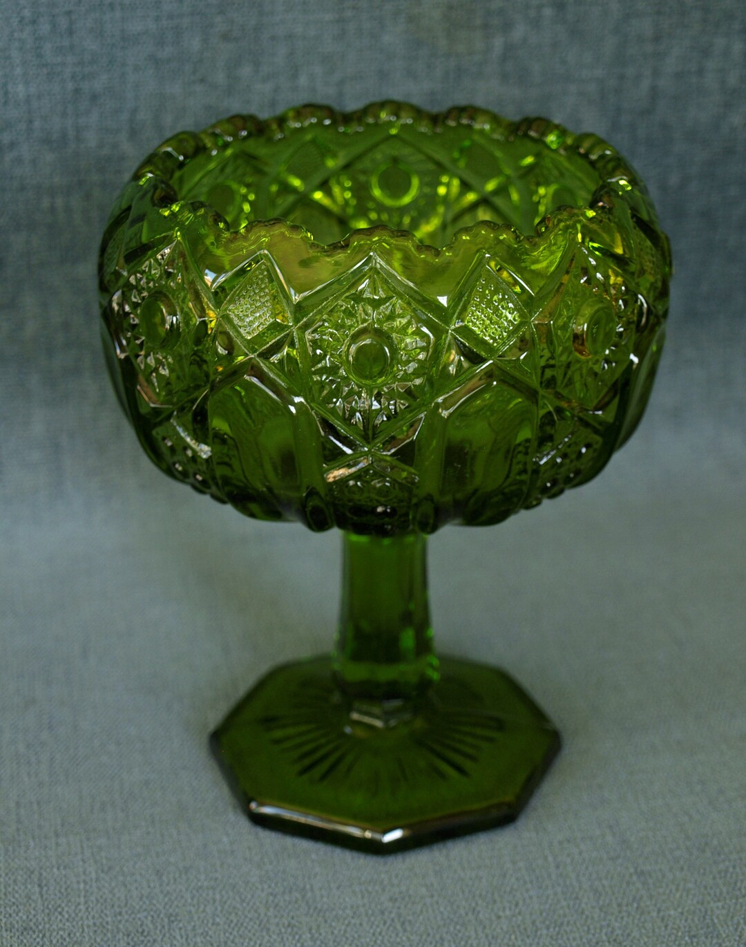 Vintage Mckee Quintec Forest Green Glass Compote Footed Pedestal Dish ...