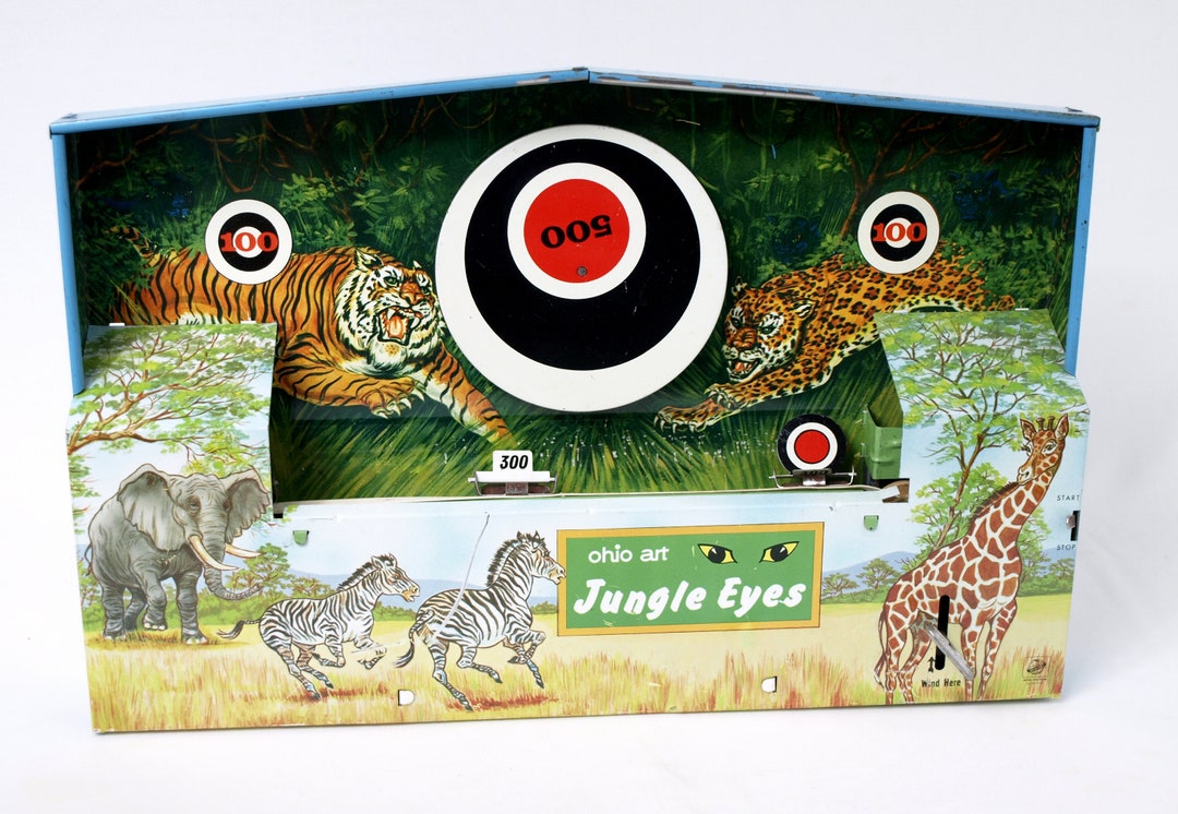 Vintage Ohio Art Jungle Eyes Tin Litho Wind up Shooting Gallery Target ...