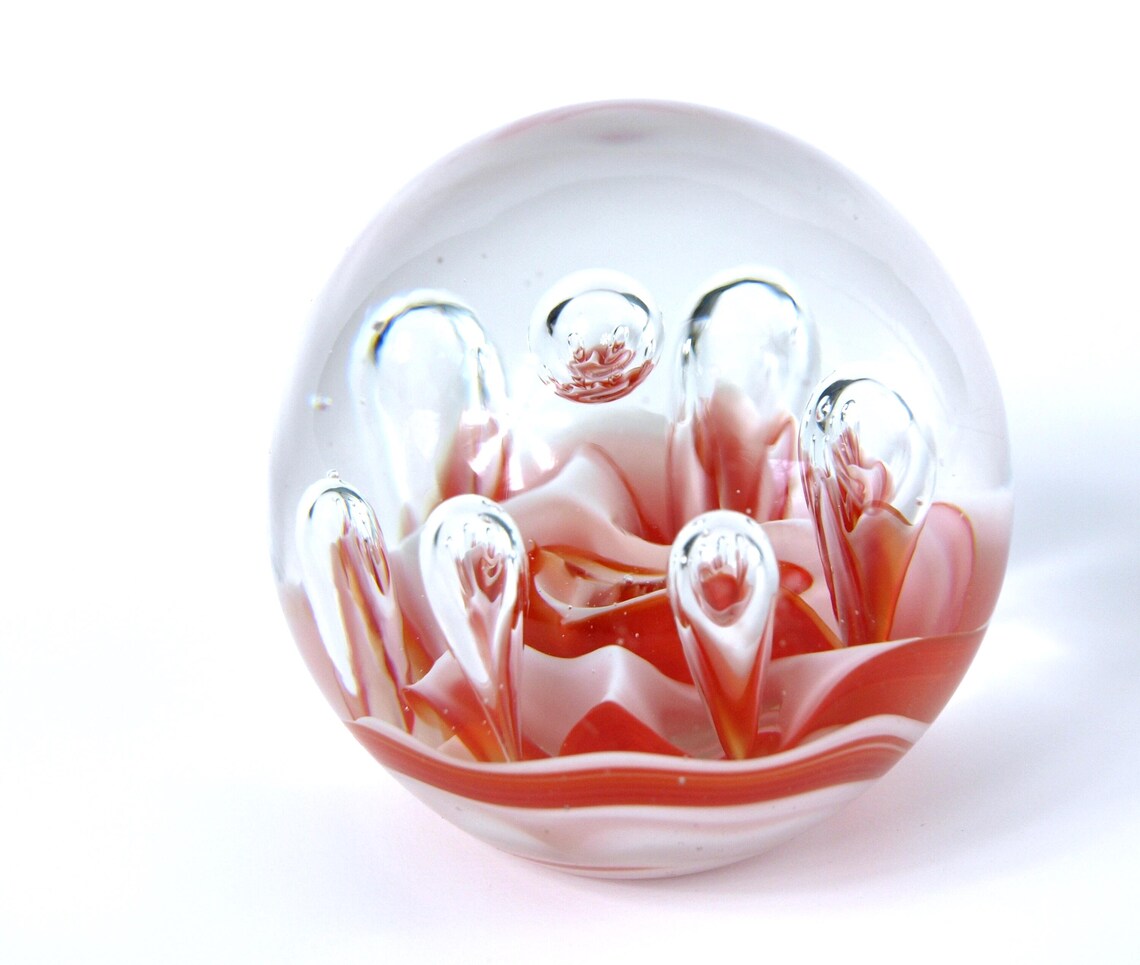 Vintage Artisan Worked Glass Paperweight - Art Glass - Red & White W ...