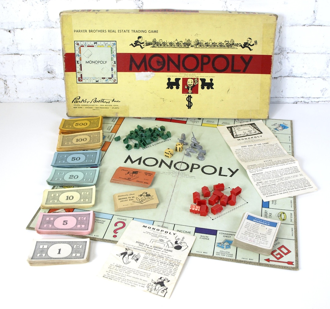 Vintage 1946 Monopoly Game Board With Plastic / Metal Game Pieces ...