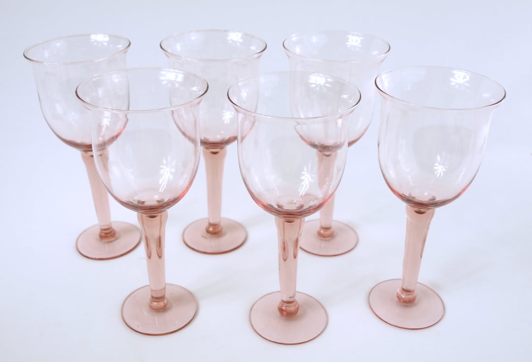 Vintage Pink Hand Blown Glass Water Goblets or Wine Glasses, Set of 6 ...
