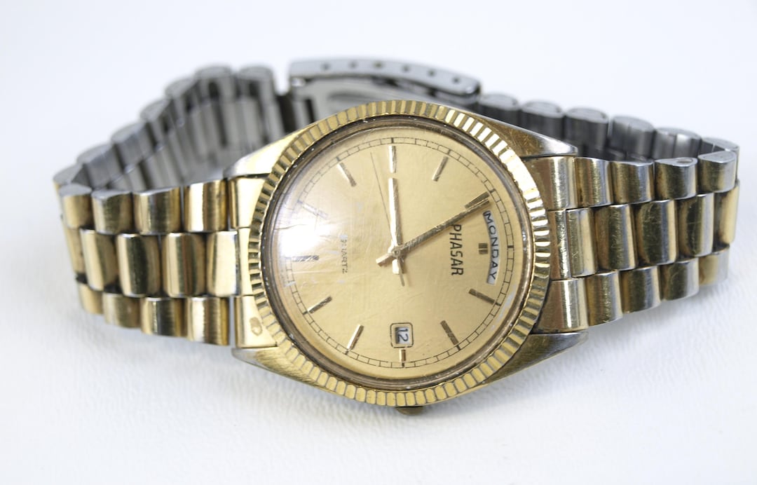 Vintage Phasar Day Date Quartz Wrist Watch With Scratched Crystal in ...
