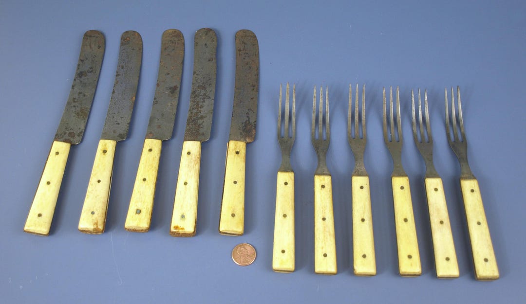 Antique Set of Bone Handled Flatware: 5 Dinner Knives & 6 3-tine Forks, Circa 1800's - Good Aged ...