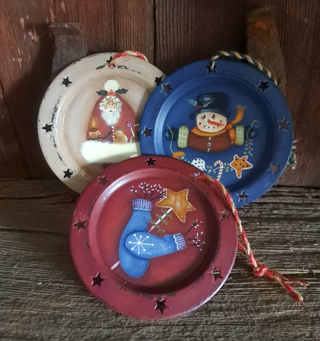 Christmas Ornaments, Tin, Snowman, Santa, Mittens, Round Ornaments ...