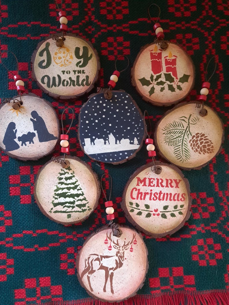 Christmas Ornaments, Wood Slice Ornaments, Painted Ornaments, Stenciled ...