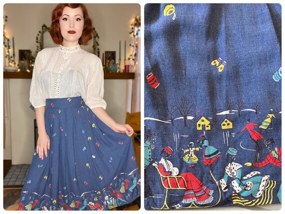 1950s Winter Wonderland Border Print Slate Blue Grey … - Gem