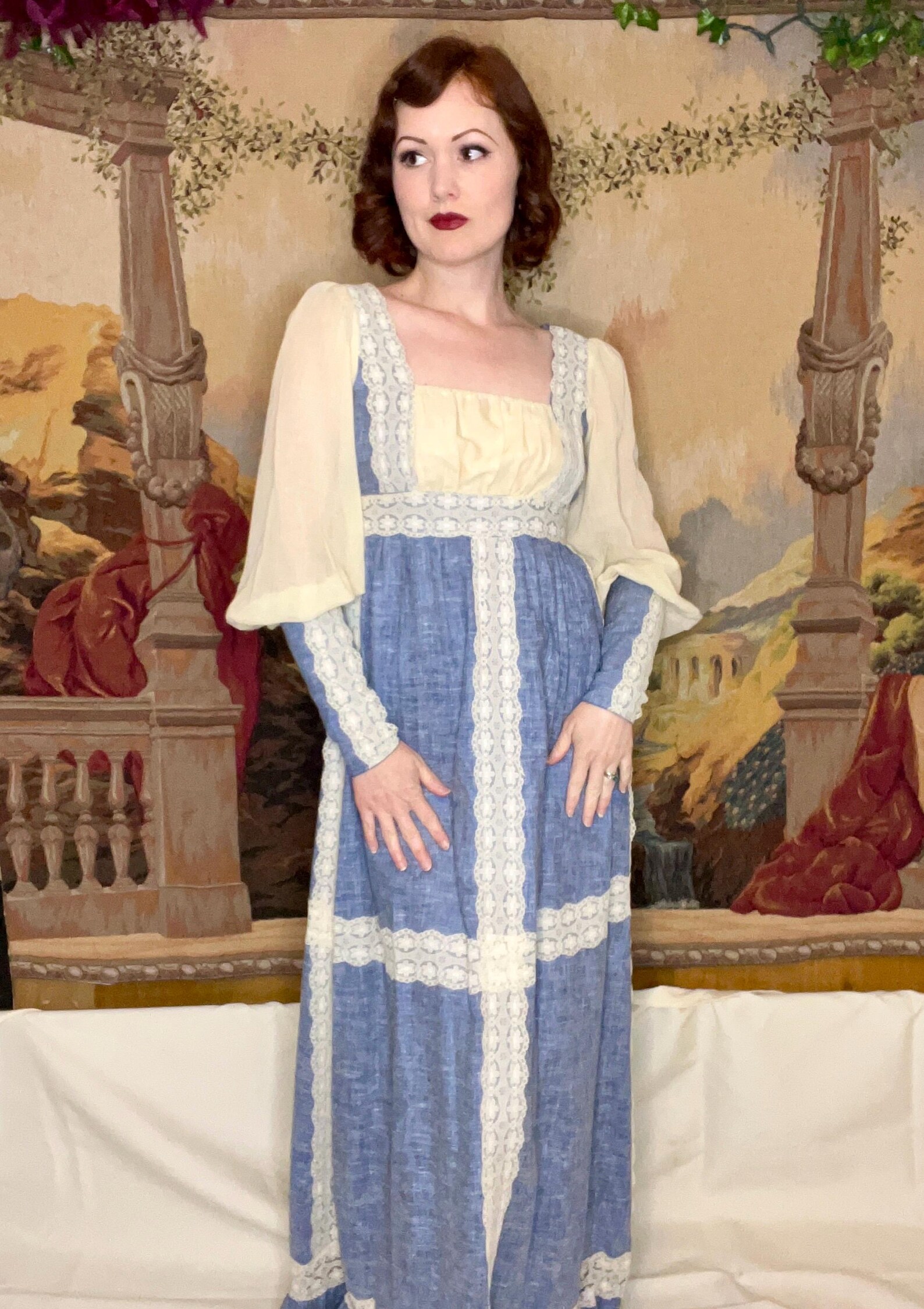 1970s Gunne Sax Blue Prairie Dress With Sheer Juliet Sleeves | Size XS ...