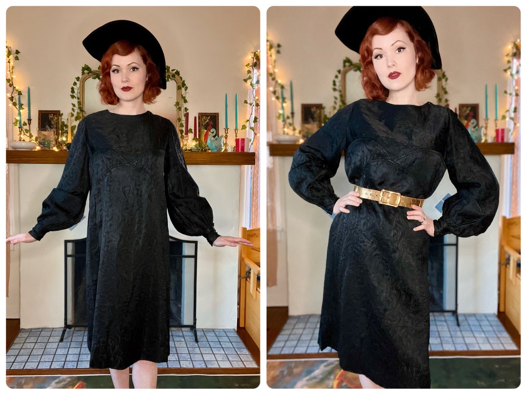 1960s Witchy Inky Black Silk Brocade Balloon Sleeve Tunic Dress | Size ...