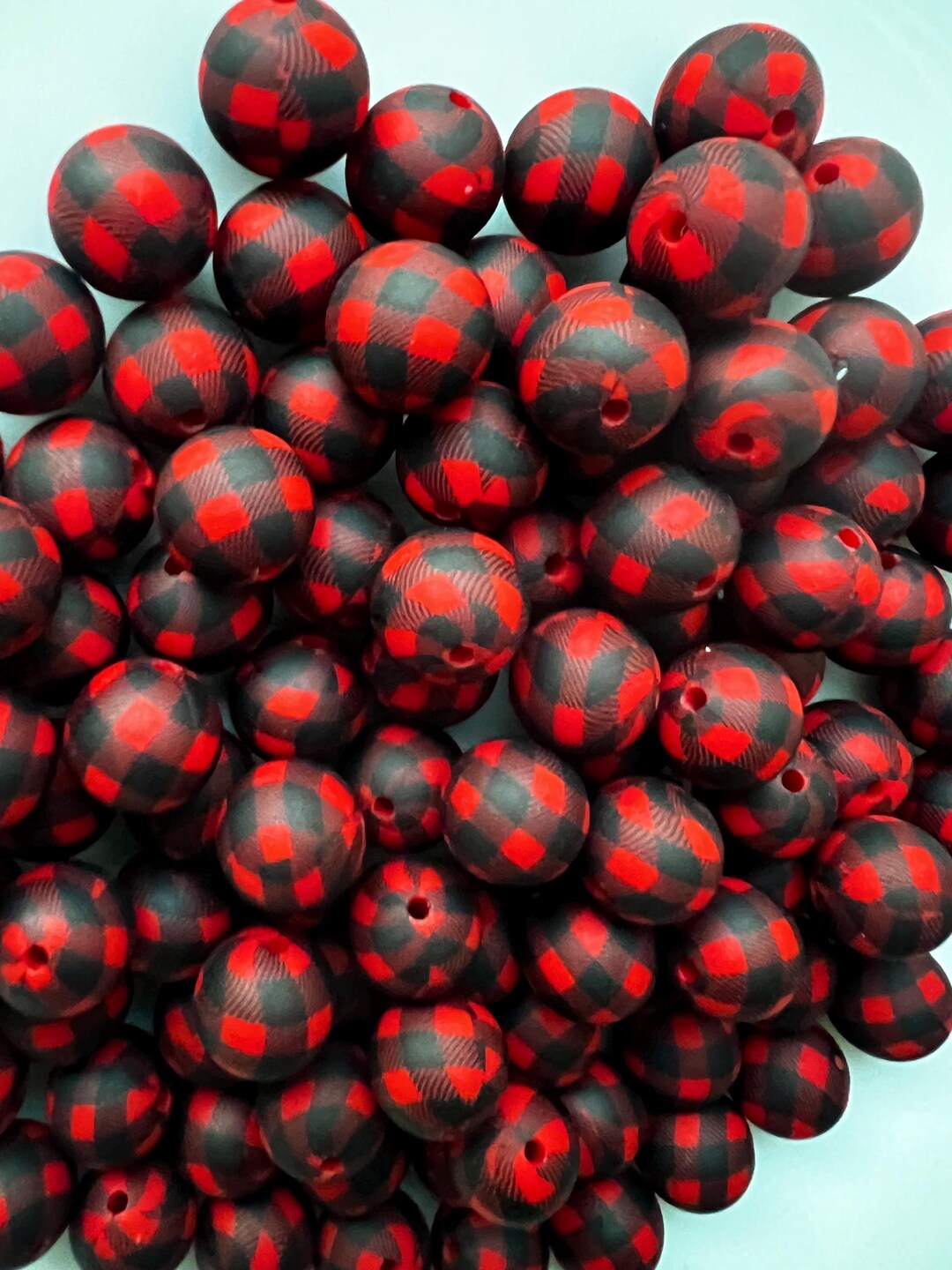 15mm Buffalo Check Beads, Gingham Beads, Red and Black Silicone Beads ...