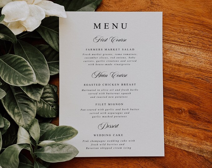 Minimalist Wedding Menu Template, Modern Reception Dinner Menu Card, Elegant Wedding Menu ...
