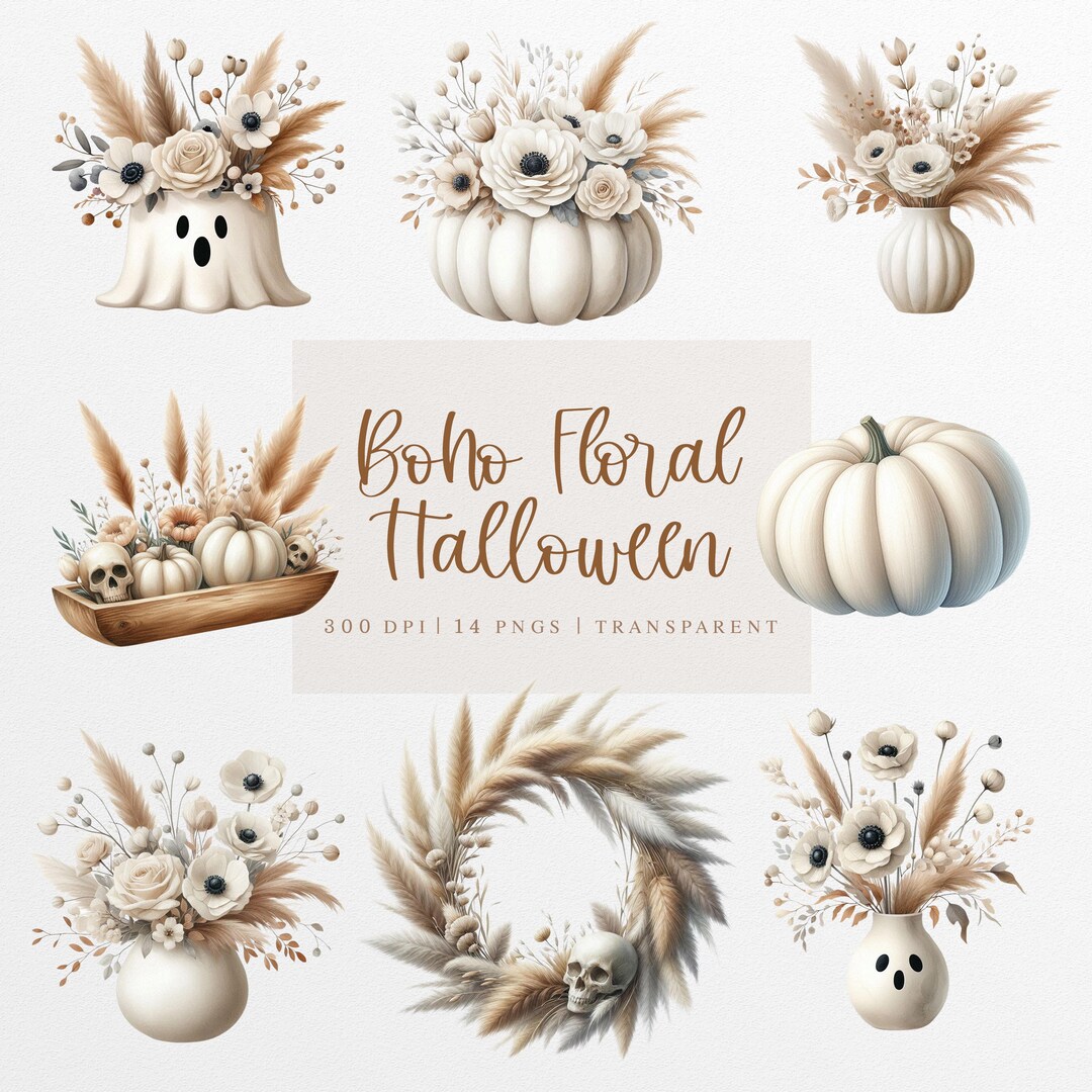 Boho Halloween Clipart, Floral Halloween, Halloween Clipart, Watercolor ...