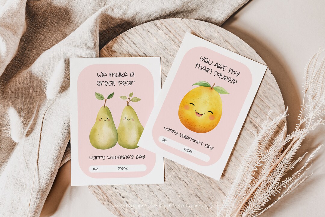 Printable Classroom Valentines Cards Fruit Puns Kids Classmate ...