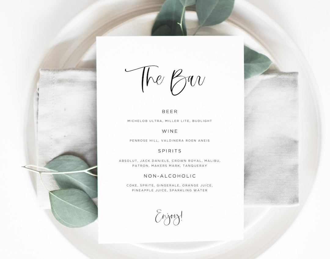 Bar Menu Card Bar Menu Template Printable Bar Menu Sign Wedding Bar ...