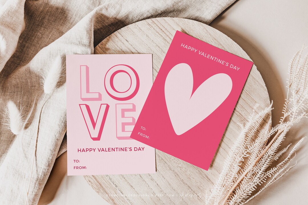 Printable Valentines Cards Pink Heart Valentine Cards Classroom ...