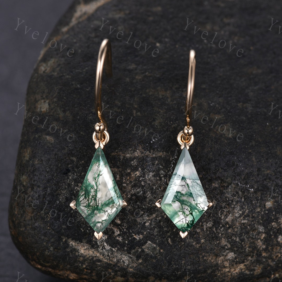 Vintage Kite Cut Moss Agate Earrings Natural Gemstone Jewelry Unique ...