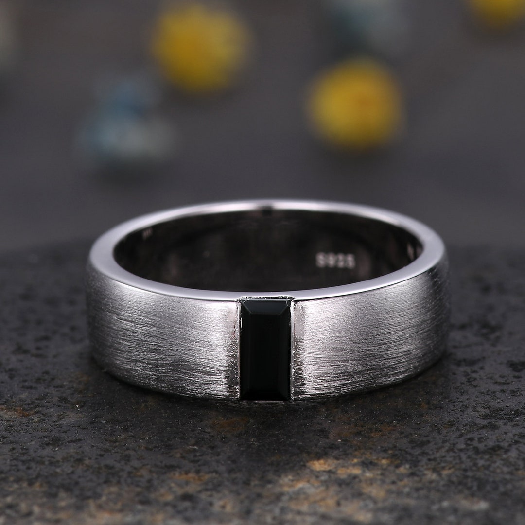 6mm Mens Black Onyx Wedding Band Brushed Baguette Black Onyx Ring ...