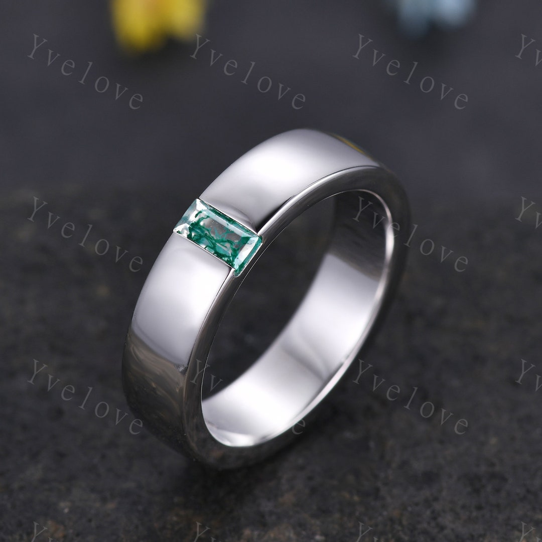 Mens Moss Agate Wedding Band Baguette Cut Green Agate Band 5mm Solid ...