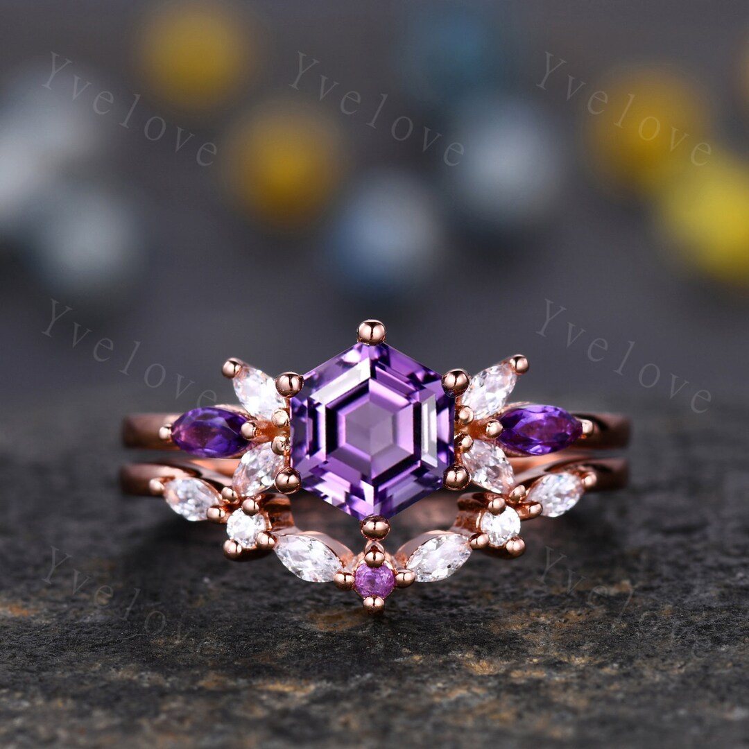 Vintage Hexagon Cut Amethyst Engagement Ring Rose Gold Women Moissanite Amethyst Gem Matching ...