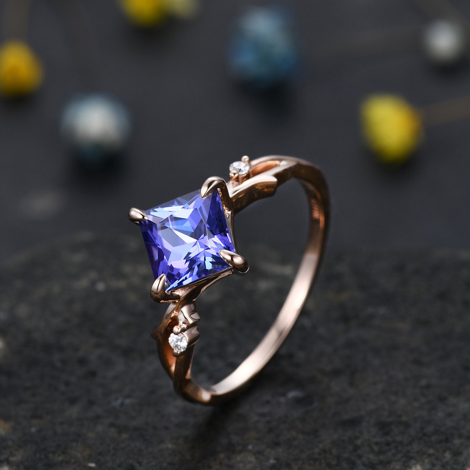 Vintage Princess Cut Tanzanite Engagement Ring Set Twisted ring leaf Vines Moissanite Bridal Set Branch Ring Dainty Twig Diamond Ring Gift