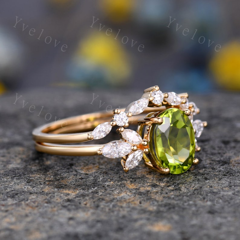 Peridot Ring Yellow Gold Engagement Ring Set Oval Peridot - Etsy