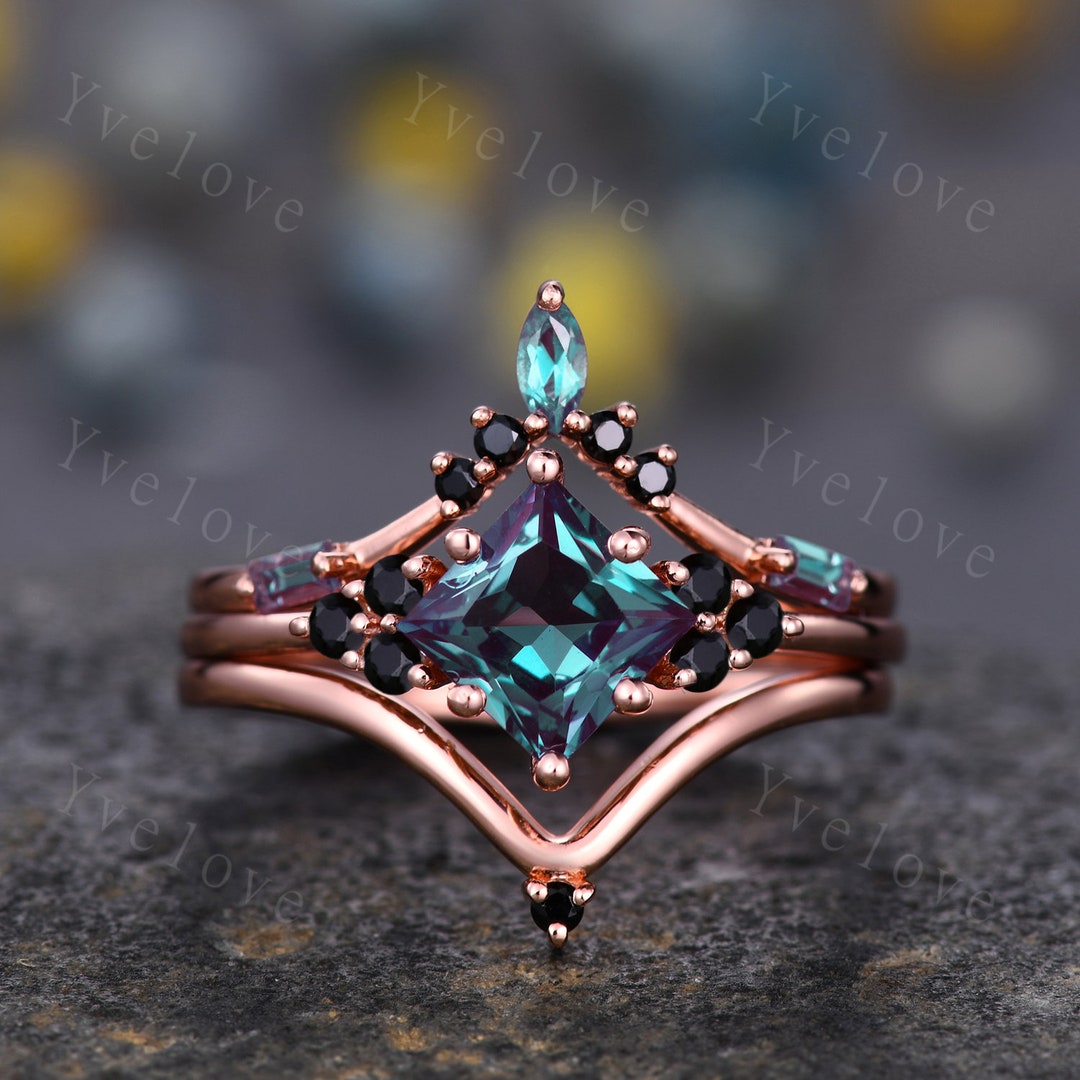 Vintage Princess Cut Alexandrite Engagement Ring Set,black Spinel Ring ...