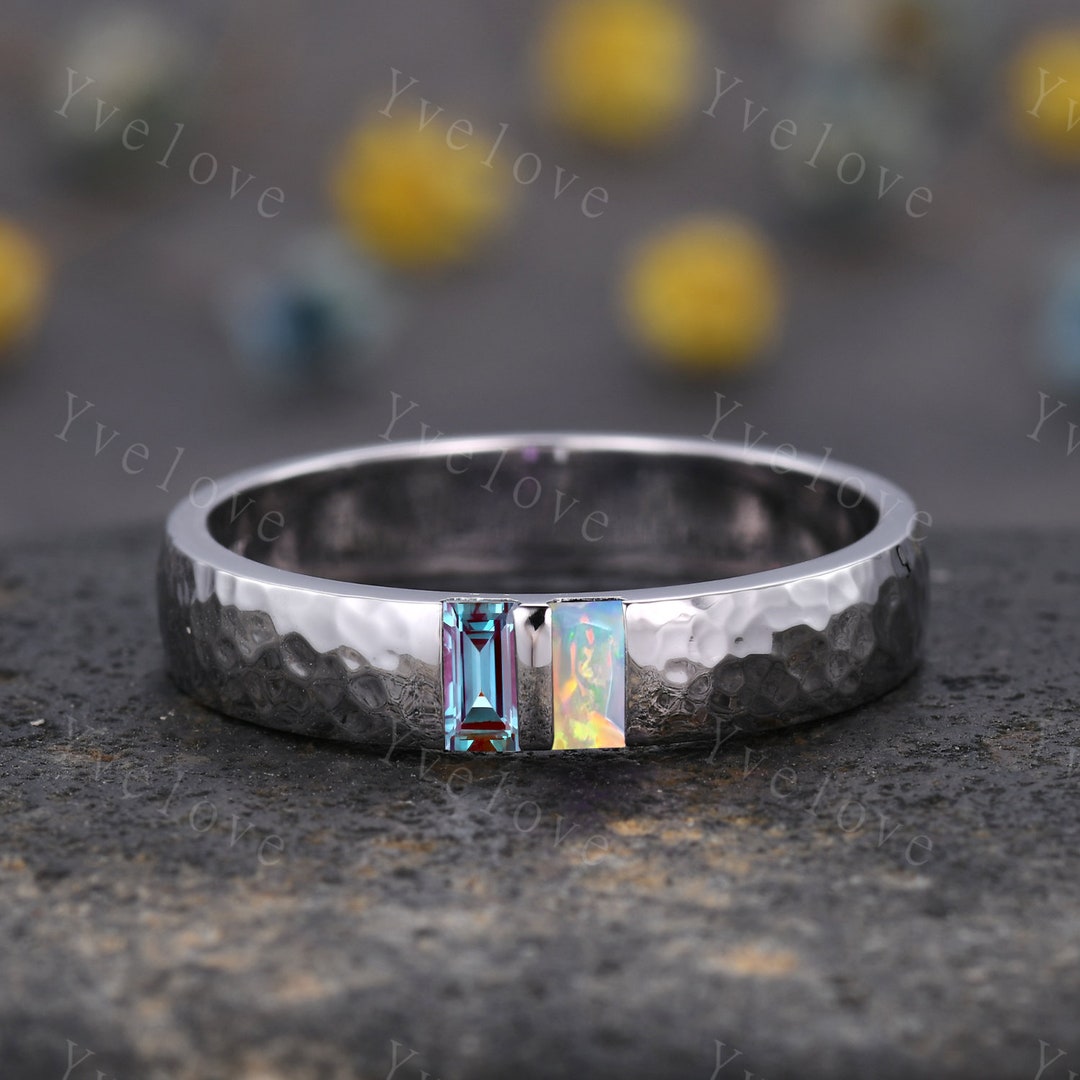 Mens Alexandrite Opal Wedding Band Baguette Cut Alexandrite Opal Band ...