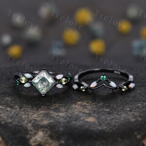 Vintage Princess Moss Agate Engagement Ring Set,black Gold,vines ...